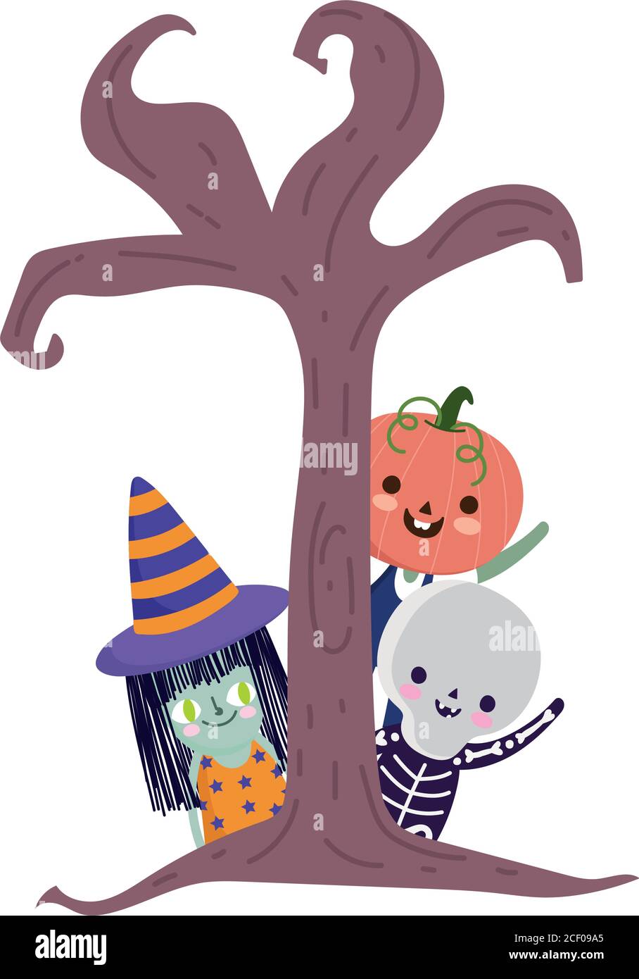 Happy Halloween Witch Skeleton Pumpkin Behind The Tree Trick Or Treat