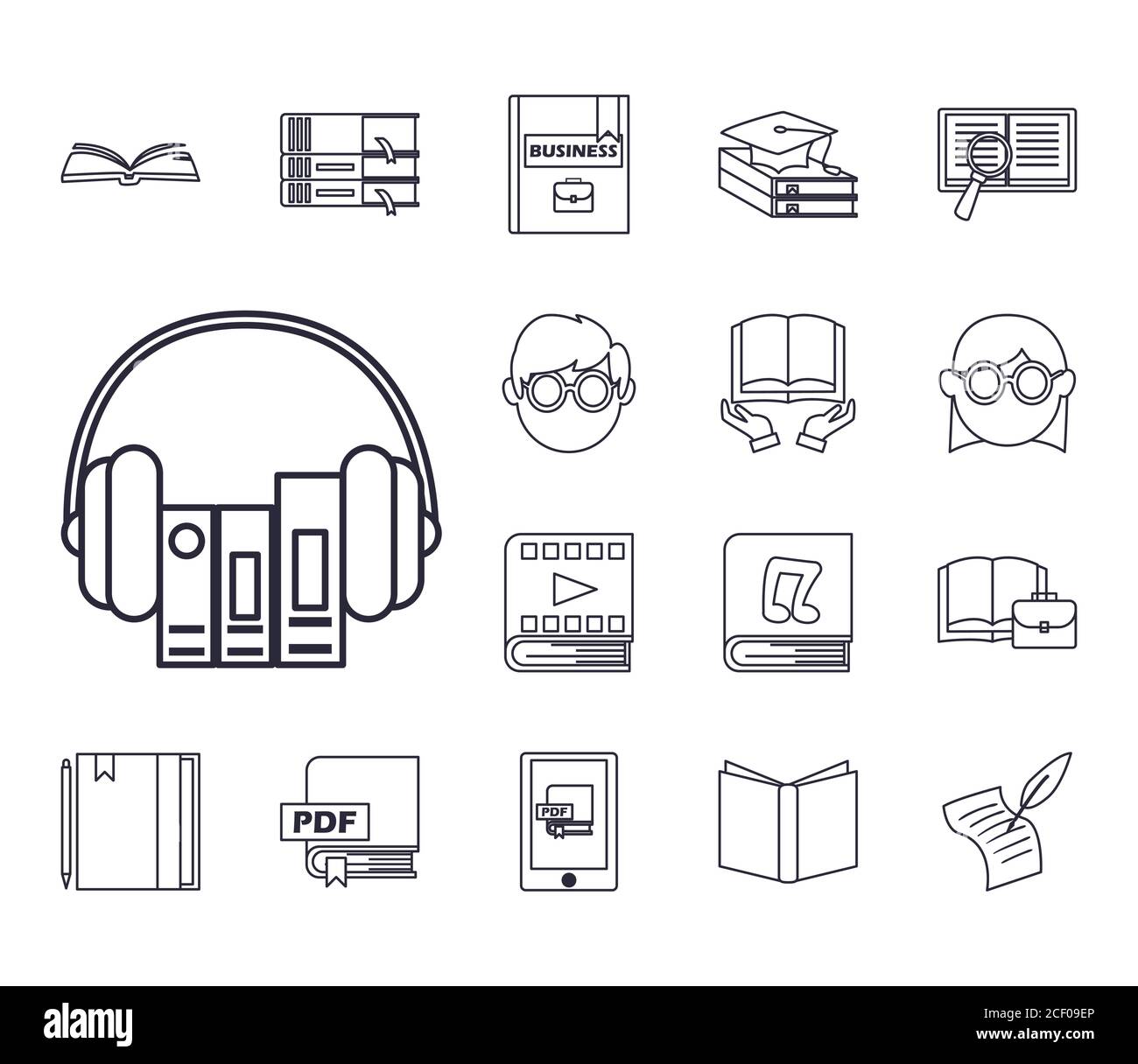 books and ebooks line style collection of icons design, Education ...