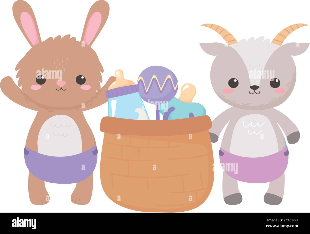 baby shower, cute bunny goat with basket rattle pacifier and bottle ...