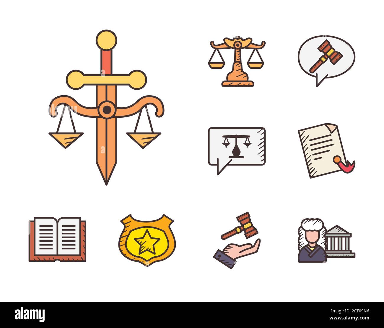 line and fill style set icons design, Law justice legal judgment and ...