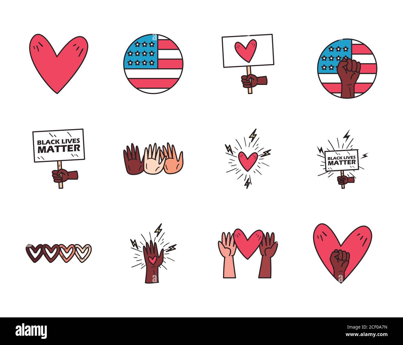 Black lives matter line and fill style set icons design of Protest ...