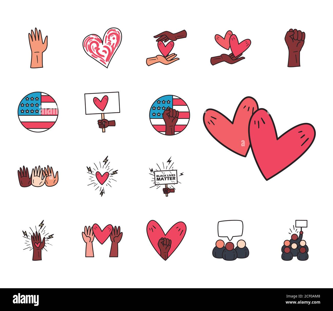 Black lives matter line and fill style collection of icons design of ...