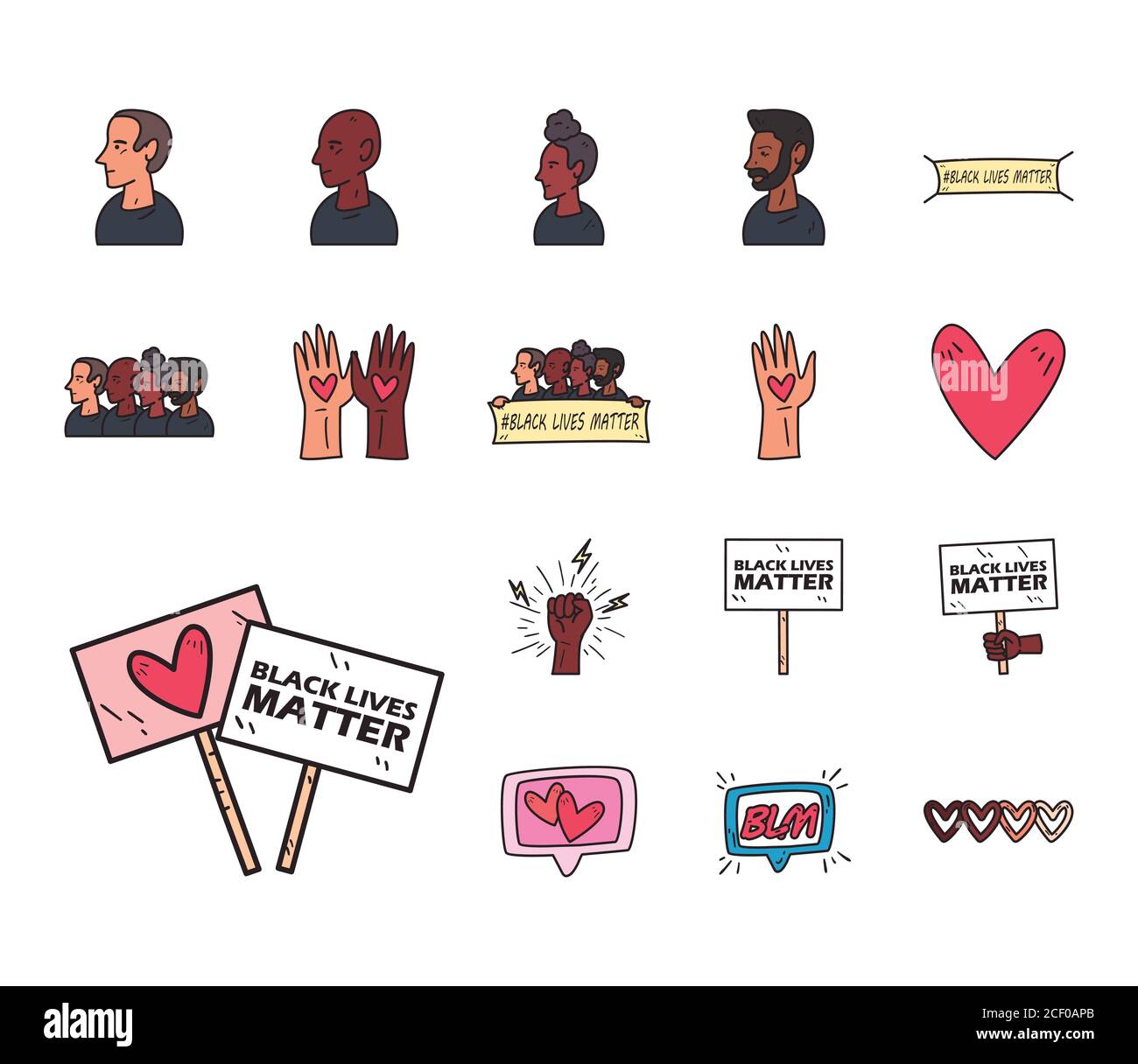 Black lives matter line and fill style set of icons design of Protest ...