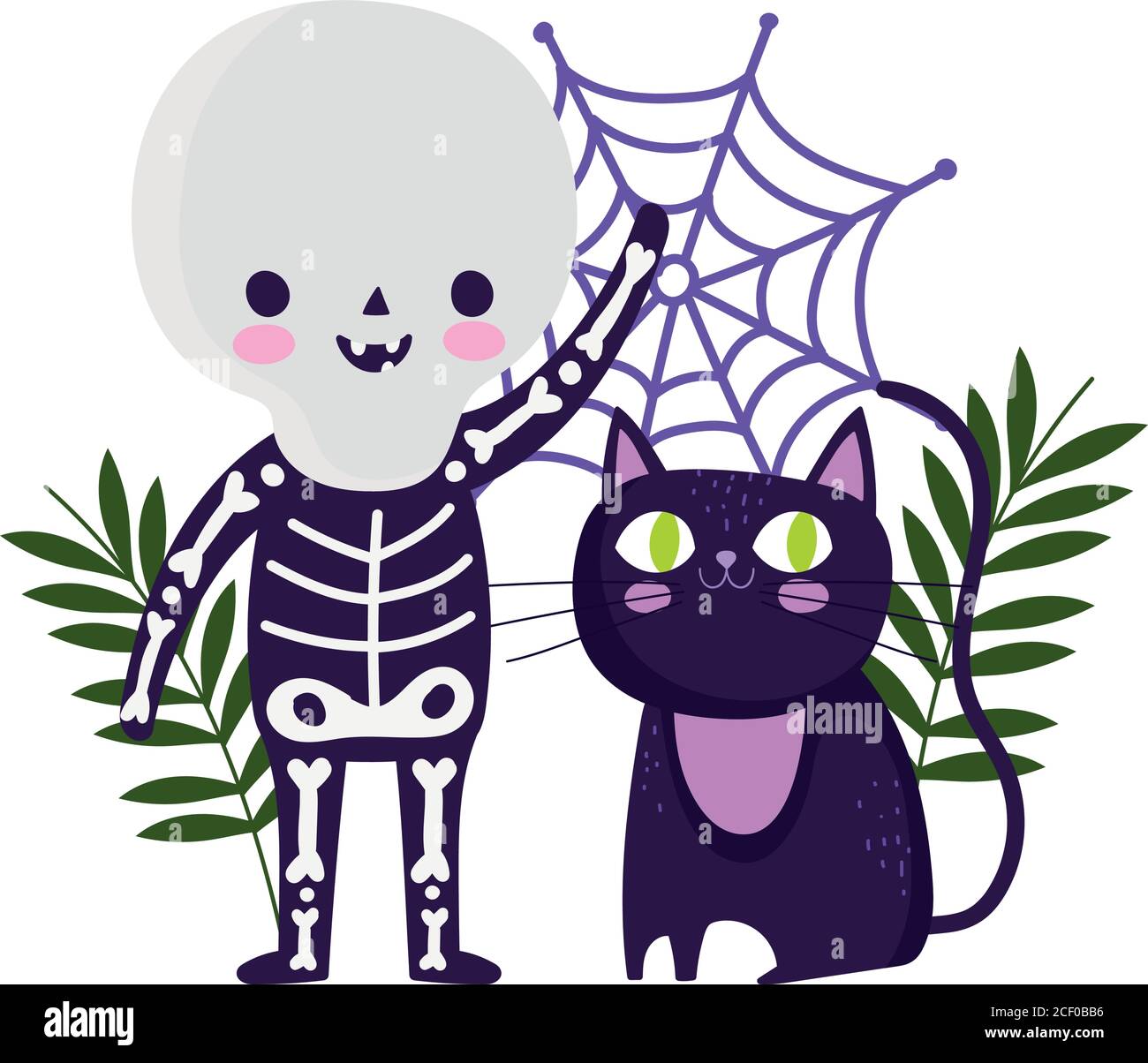 happy halloween, boy skeleton costume cat and cobweb cartoon, trick or ...