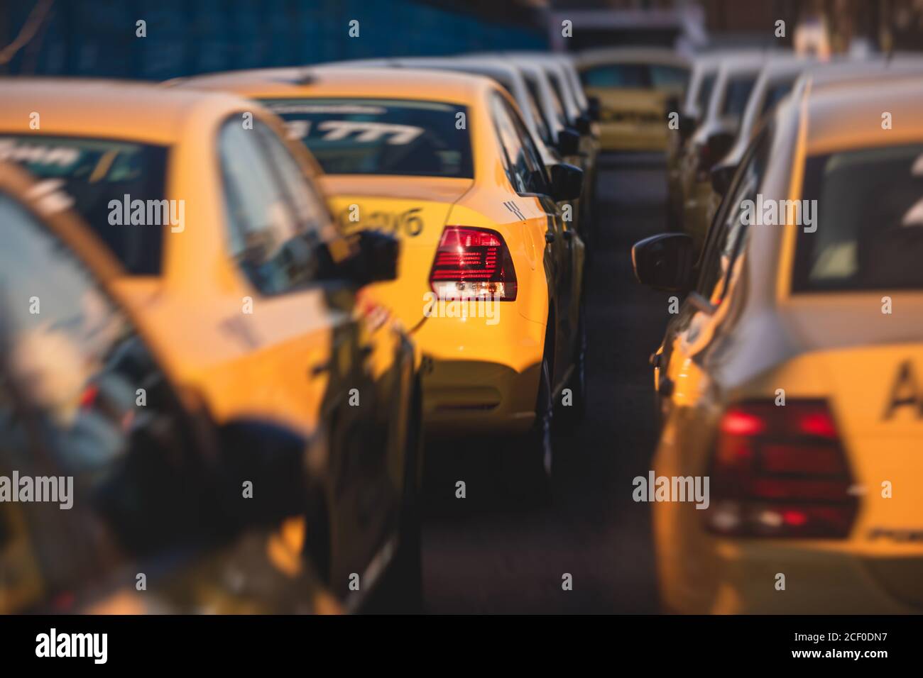 View of yellow taxi cab parking lot with yellow cars standing, set of ...