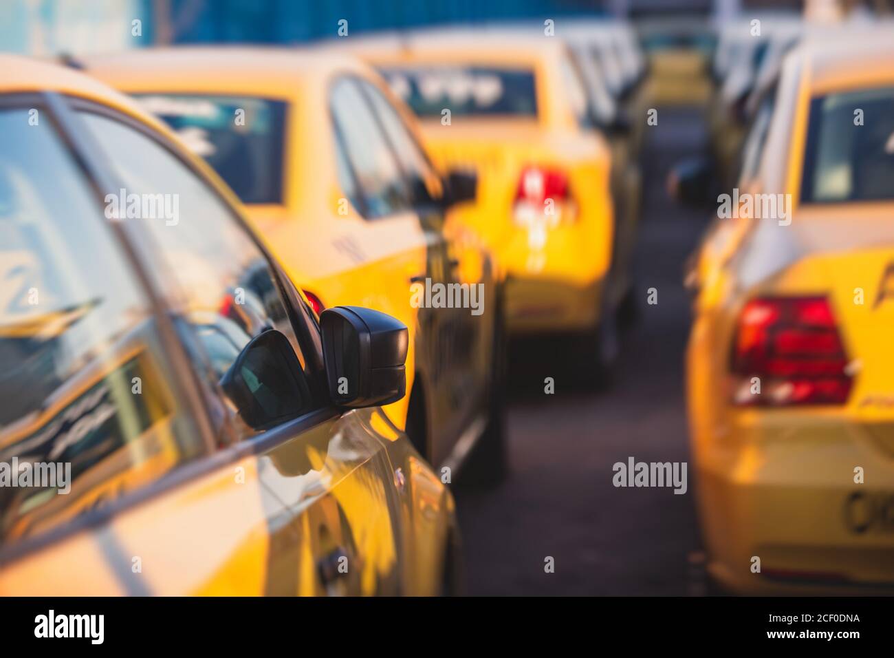 View of yellow taxi cab parking lot with yellow cars standing, set of ...