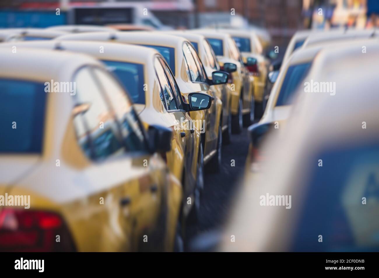 View of yellow taxi cab parking lot with yellow cars standing, set of ...