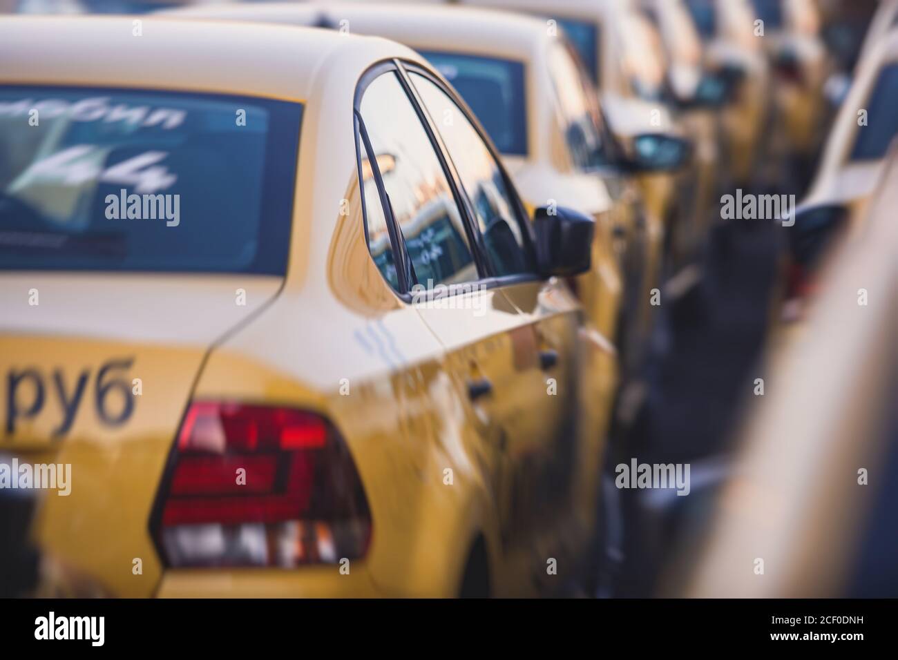 View of yellow taxi cab parking lot with yellow cars standing, set of ...