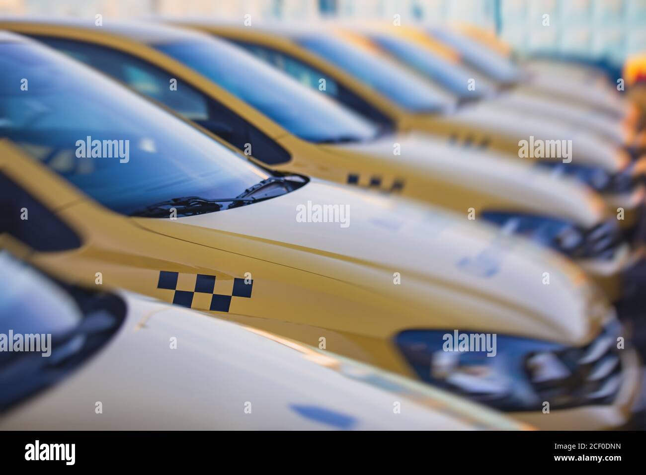 View of yellow taxi cab parking lot with yellow cars standing, set of ...