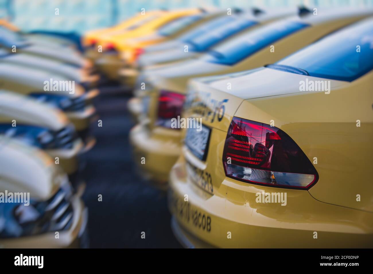 View of yellow taxi cab parking lot with yellow cars standing, set of ...