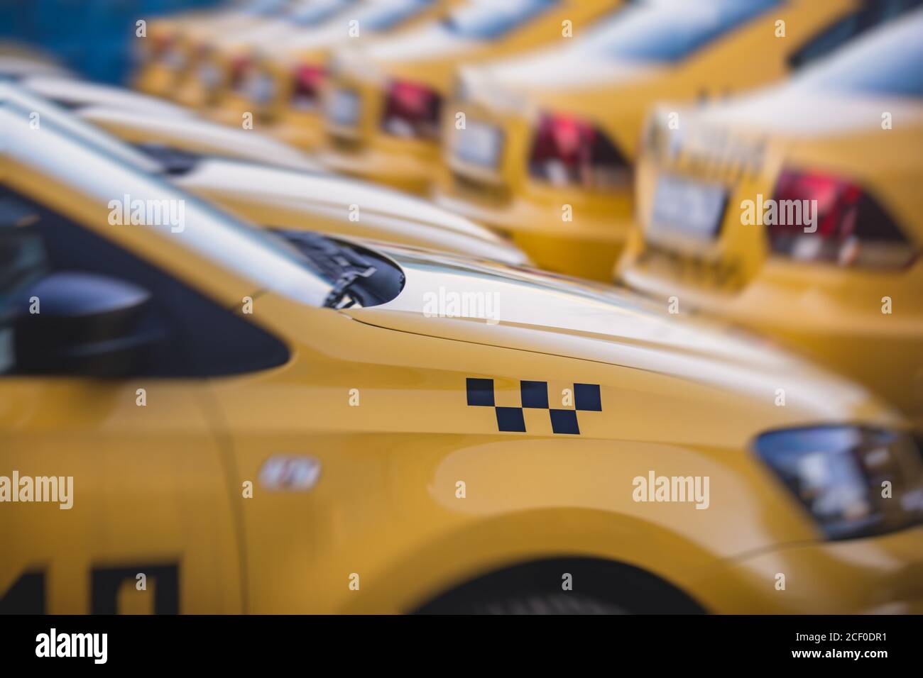 View of yellow taxi cab parking lot with yellow cars standing, set of ...