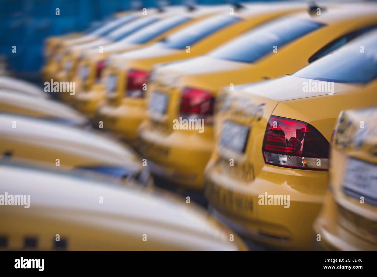 View of yellow taxi cab parking lot with yellow cars standing, set of ...