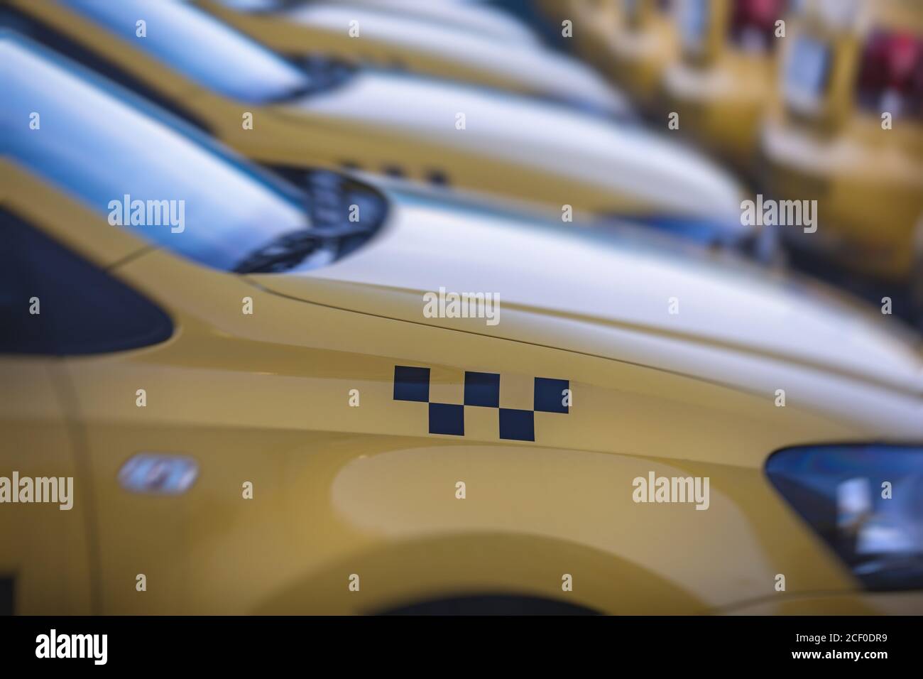 View of yellow taxi cab parking lot with yellow cars standing, set of ...