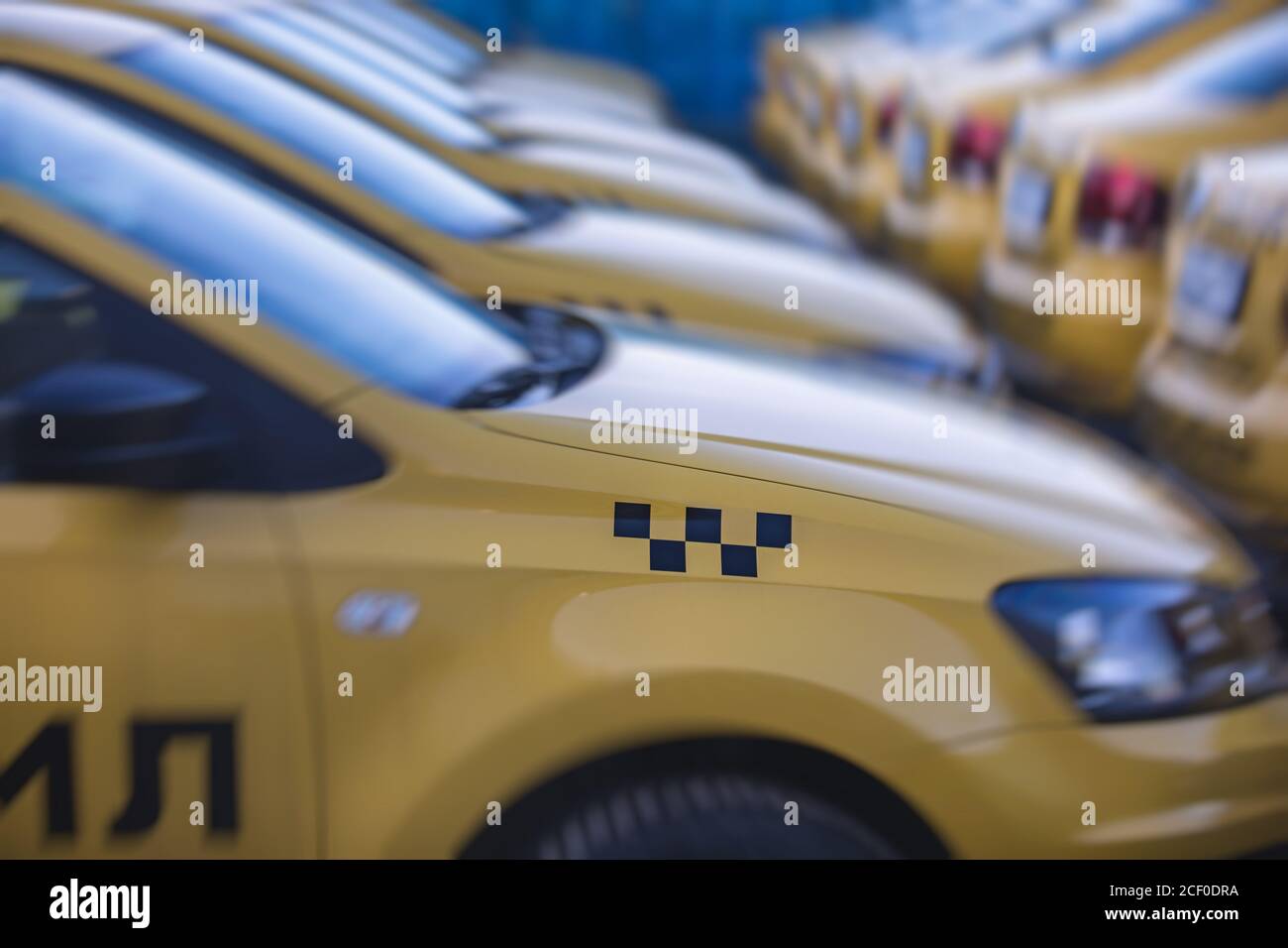 View of yellow taxi cab parking lot with yellow cars standing, set of ...