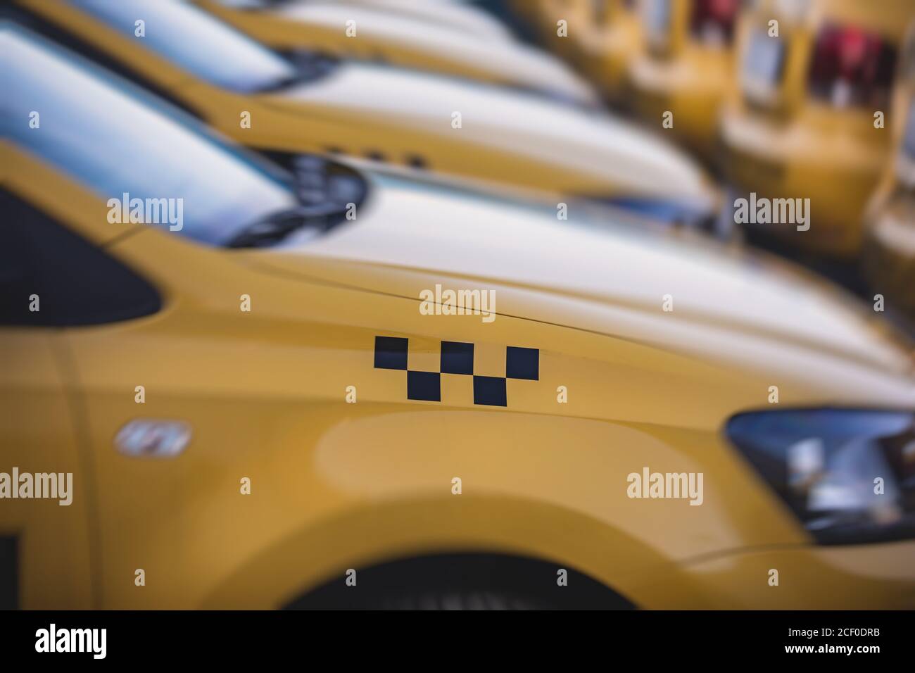 View of yellow taxi cab parking lot with yellow cars standing, set of ...