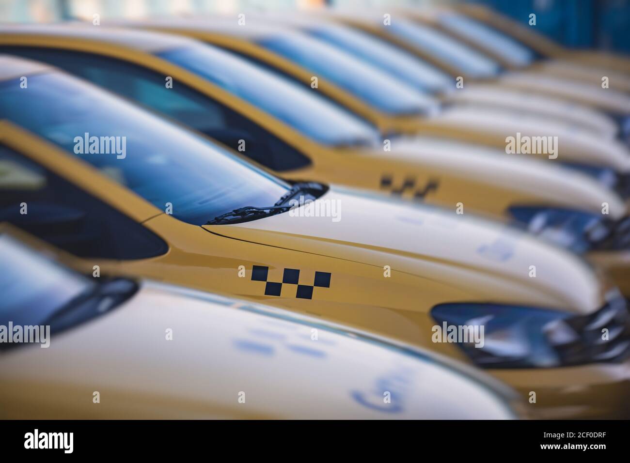 View of yellow taxi cab parking lot with yellow cars standing, set of ...