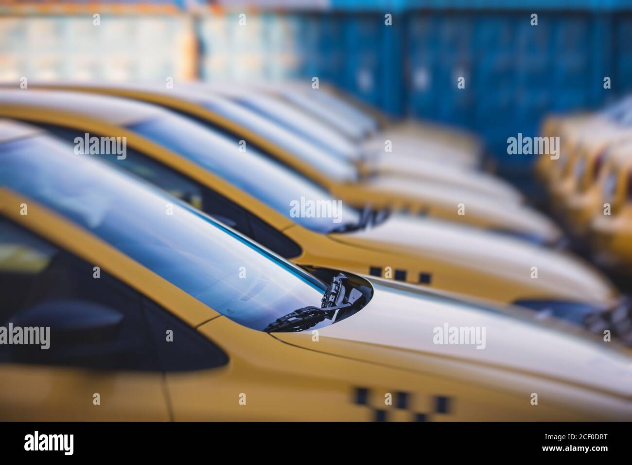 View of yellow taxi cab parking lot with yellow cars standing, set of ...