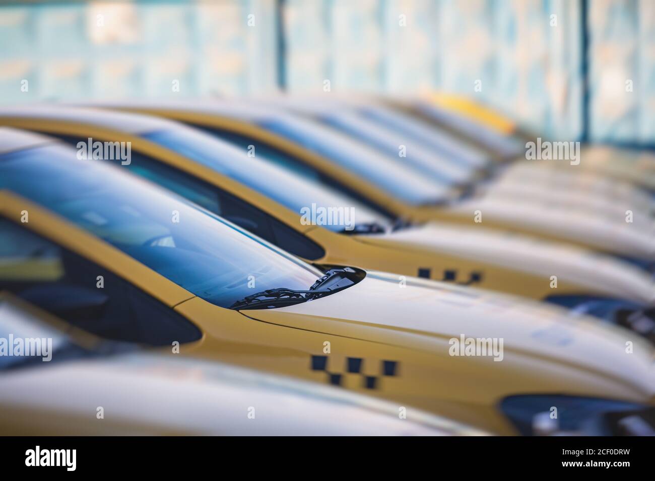 View of yellow taxi cab parking lot with yellow cars standing, set of ...