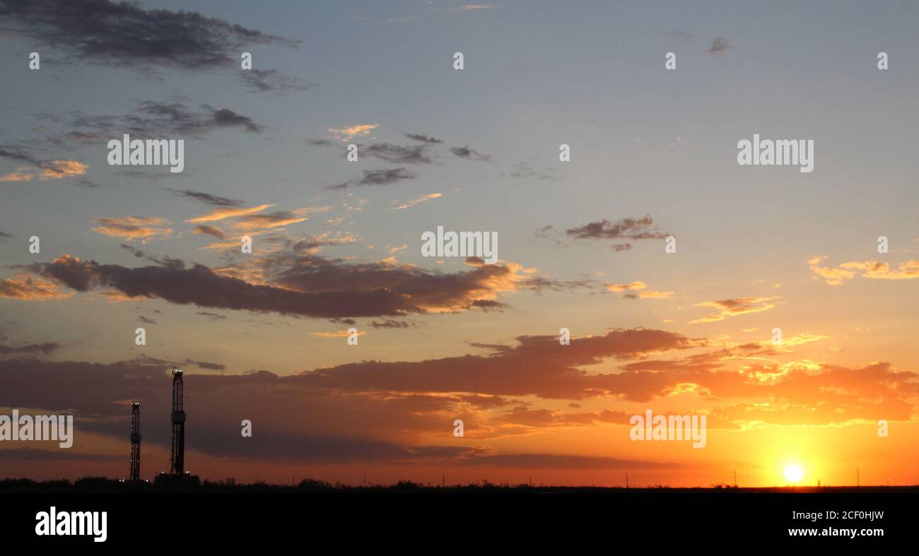 Amazing view of the west texas desert landscape during sunset with two ...