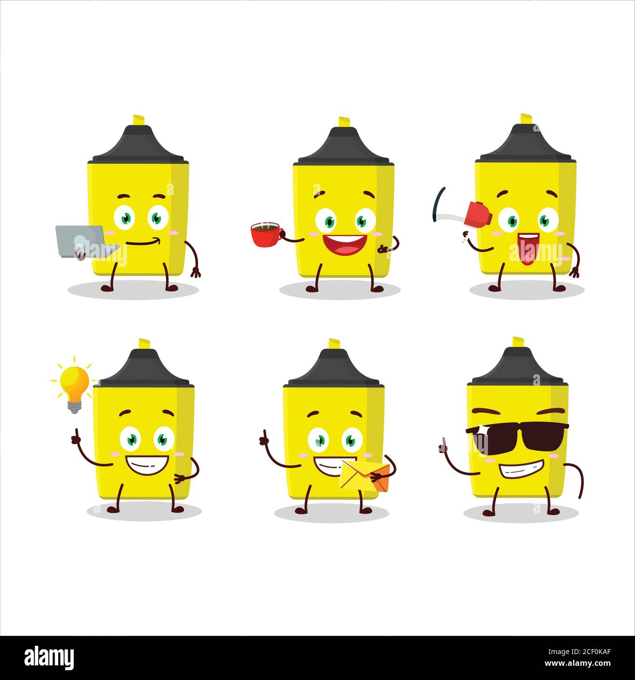 Yellow highlighter cartoon character with various types of business ...