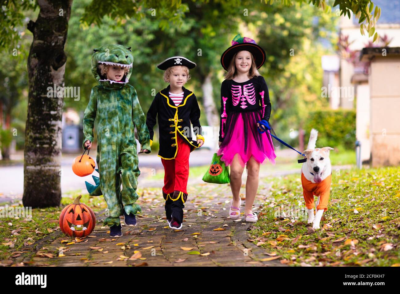Kids trick or treat in Halloween costume. Children in colorful dress up ...
