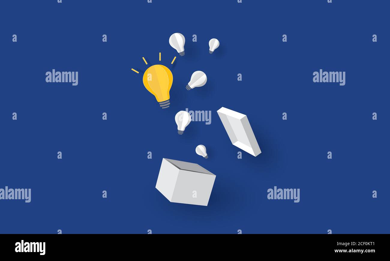 Glowing light bulb float over cardboard box, Think out of the box ...