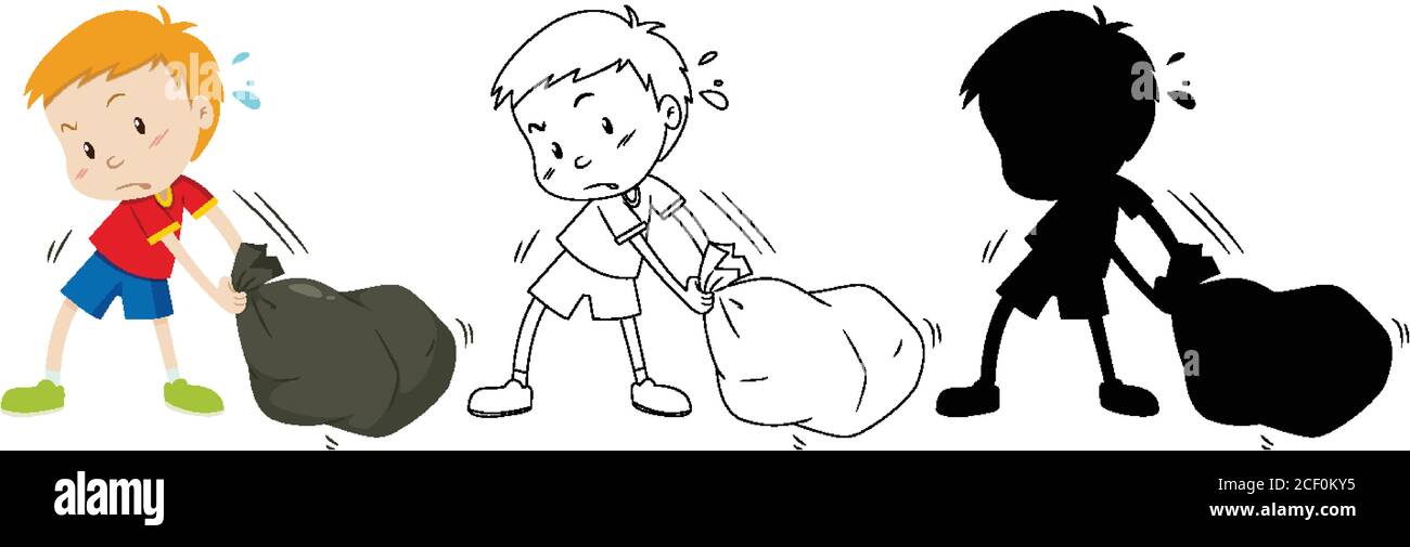 Boy drag black garbage bag in color and outline and silhouette ...