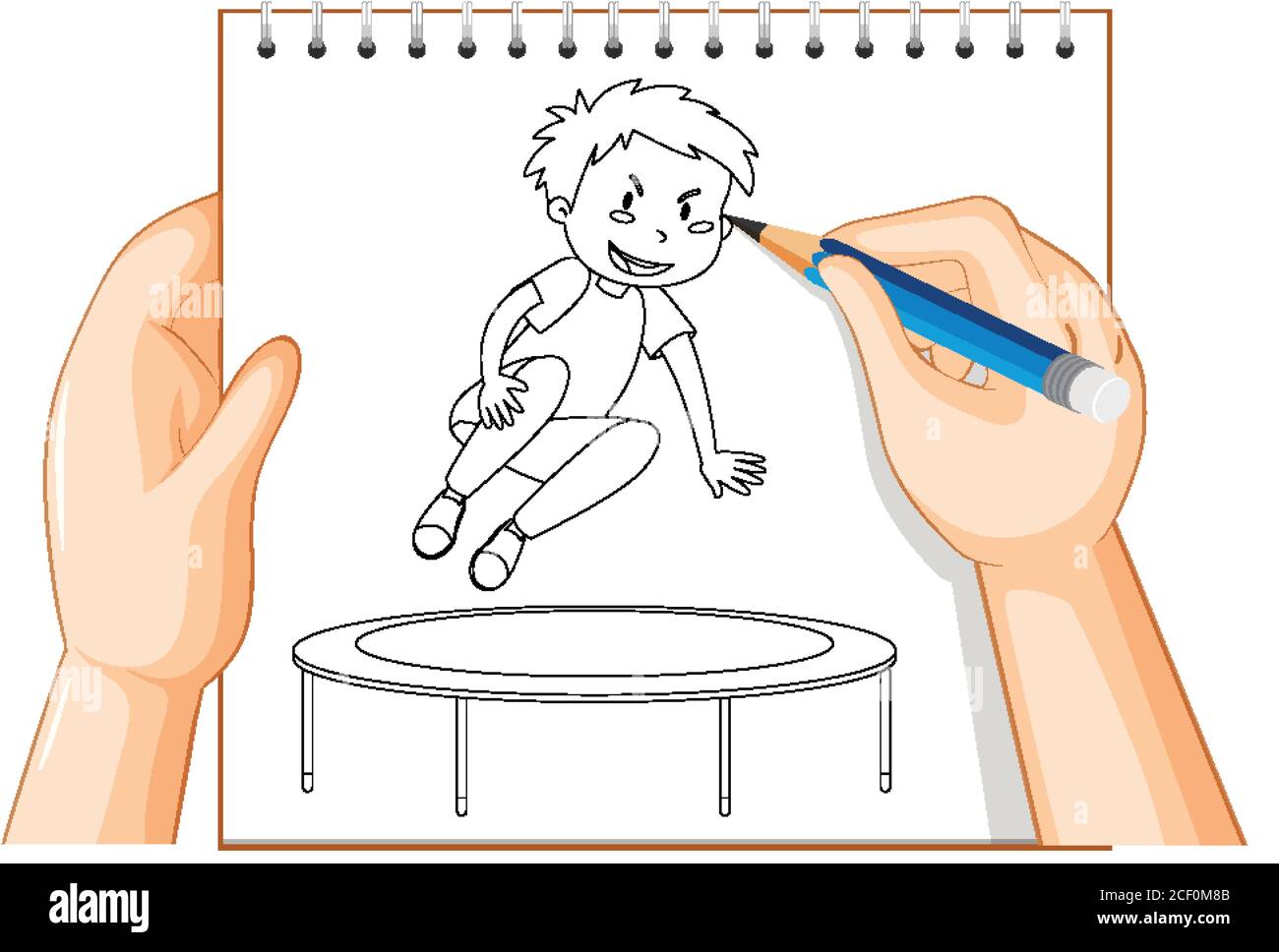 Hand writing of boy jumping on trampoline outline illustration Stock ...