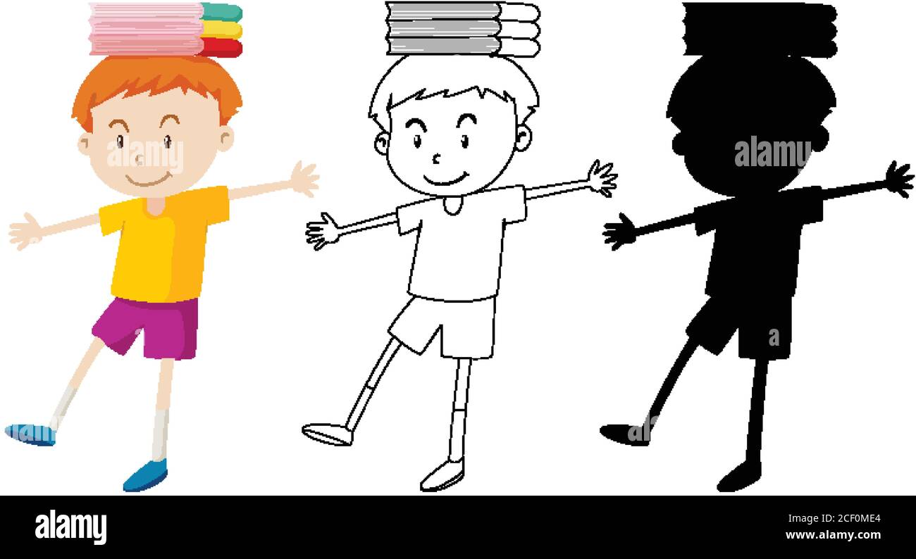 Boy balancing books on his head in color and outline and silhouette ...