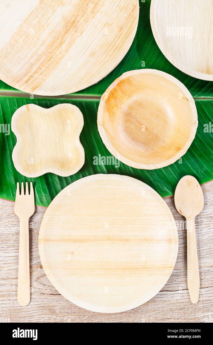 Kitchenware made from dried betel nut leaf palm, natural material. The ...