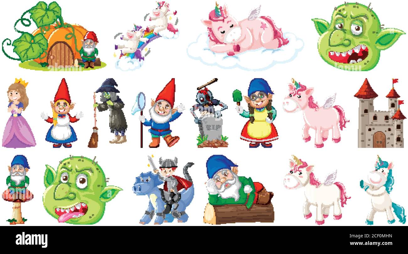 Set of fantasy cartoon characters and fantasy theme isolated on white ...