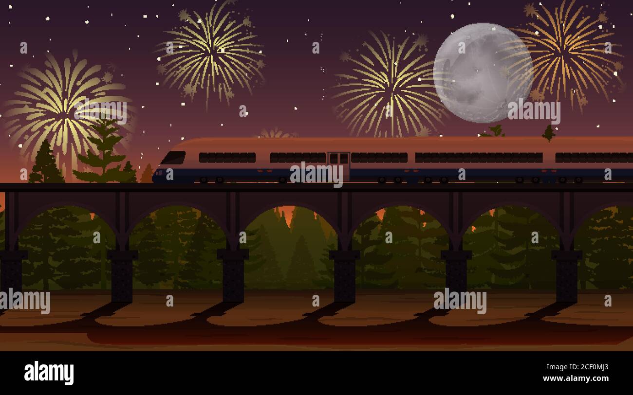 Fireworks celebration with train scene illustration Stock Vector Image ...