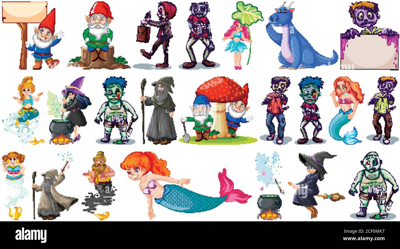 Set of fantasy cartoon characters and fantasy theme isolated on white ...