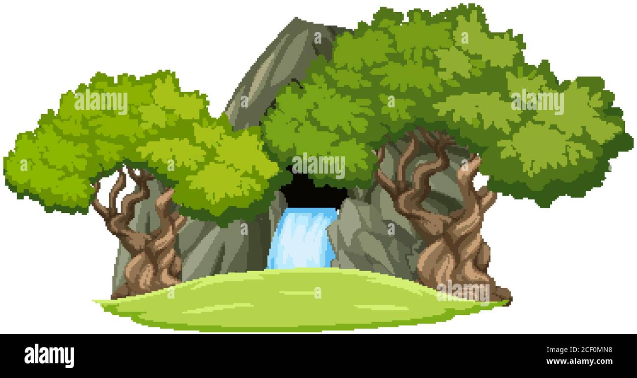 Waterfall stone cave with trees isolated on white background ...