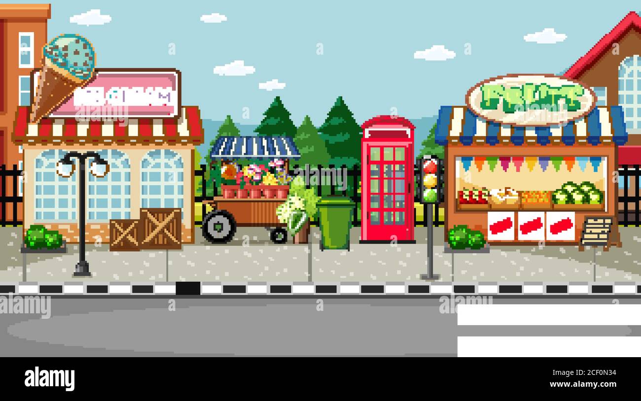 Street side scene with ice cream shop and fruit shop illustration Stock ...