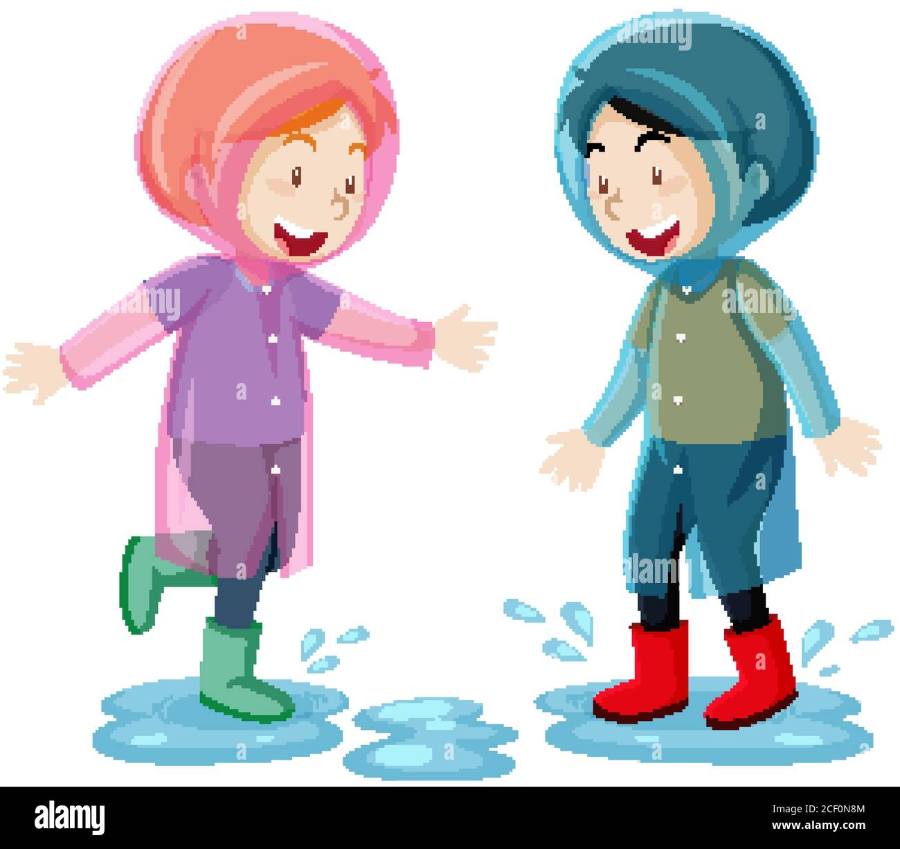 Two kids wearing raincoat jumping in puddles cartoon style isolated on ...