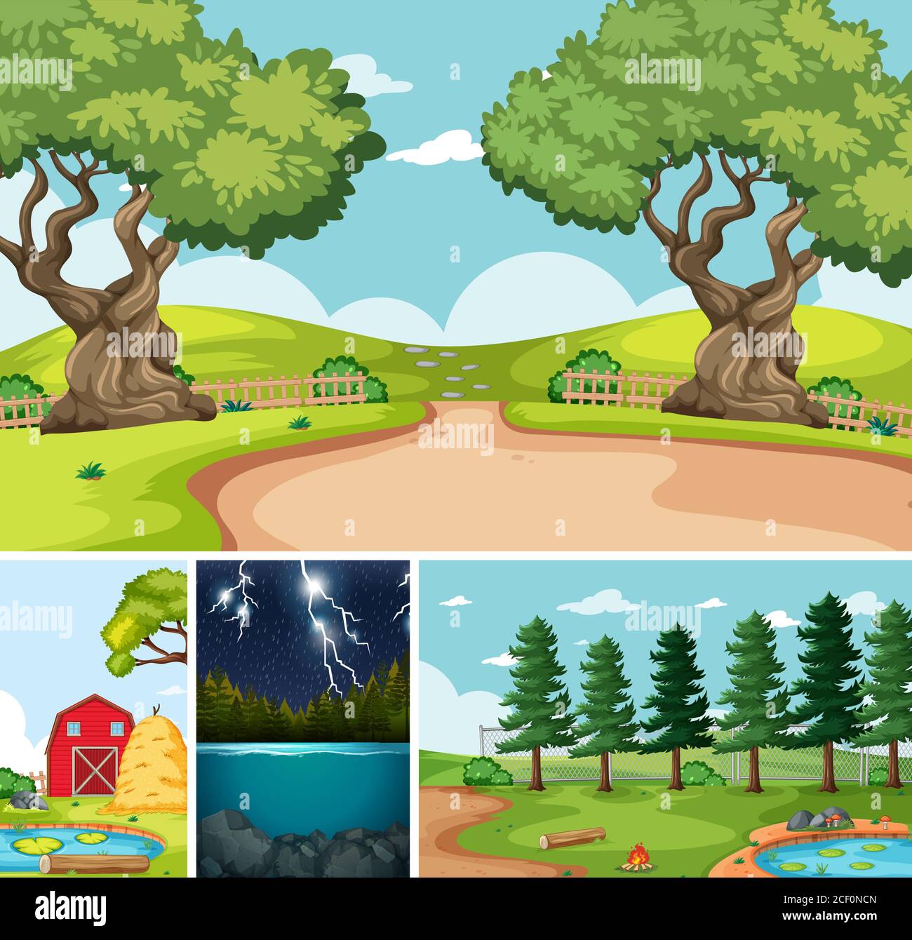 Four different scenes in nature setting cartoon style illustration ...