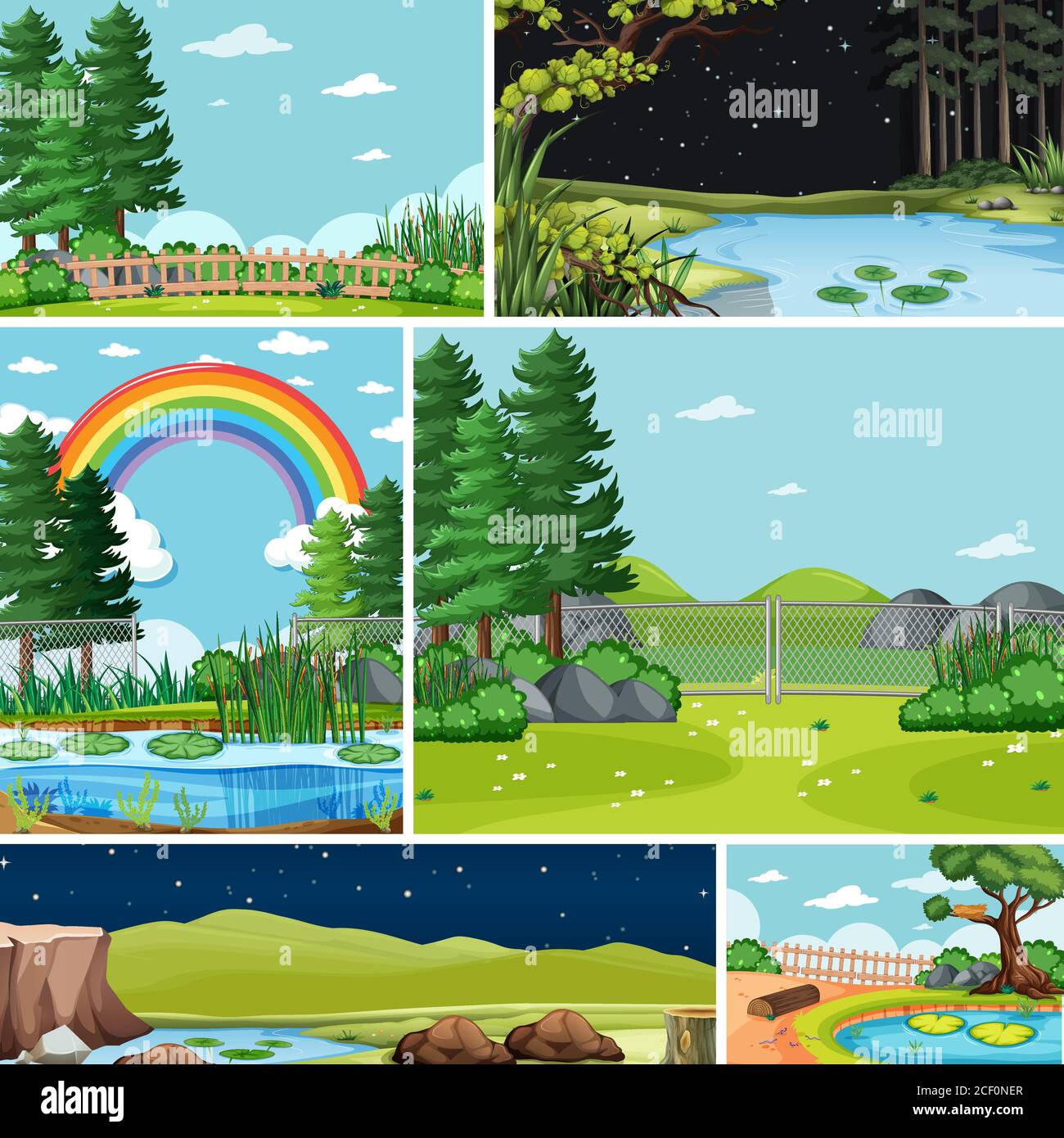 Six different scenes in nature setting cartoon style illustration Stock ...