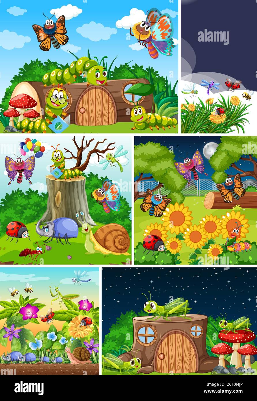 Set of different insects living in the garden background illustration ...