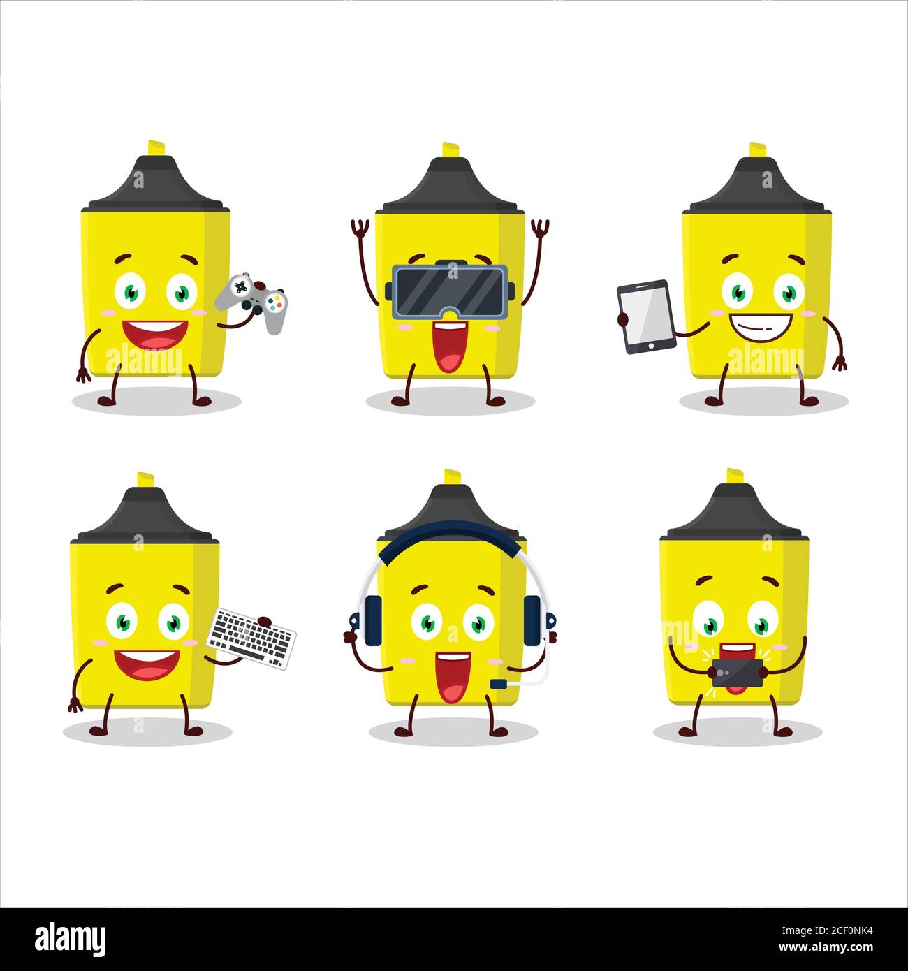Yellow highlighter cartoon character are playing games with various ...