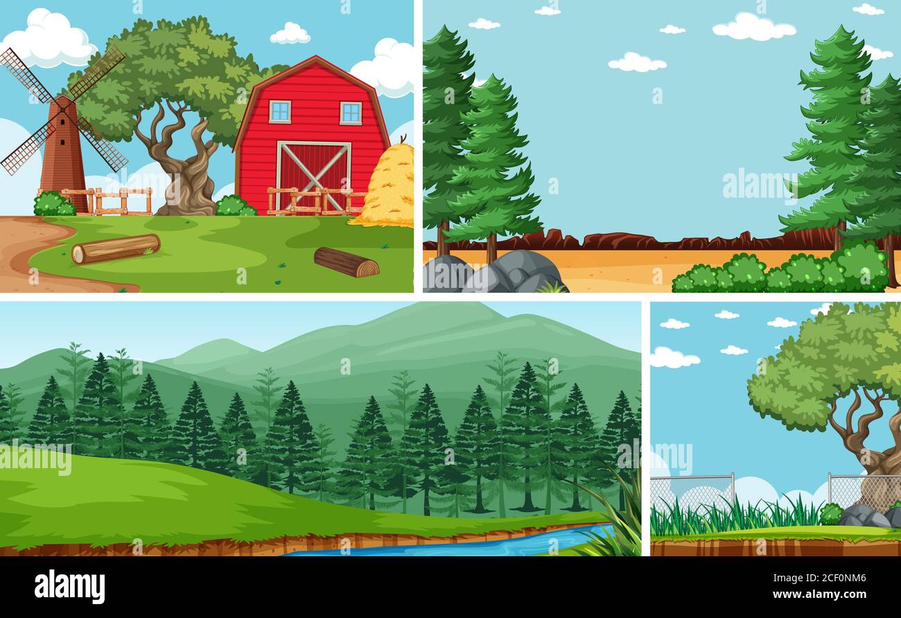 Four different scenes in nature setting cartoon style illustration ...