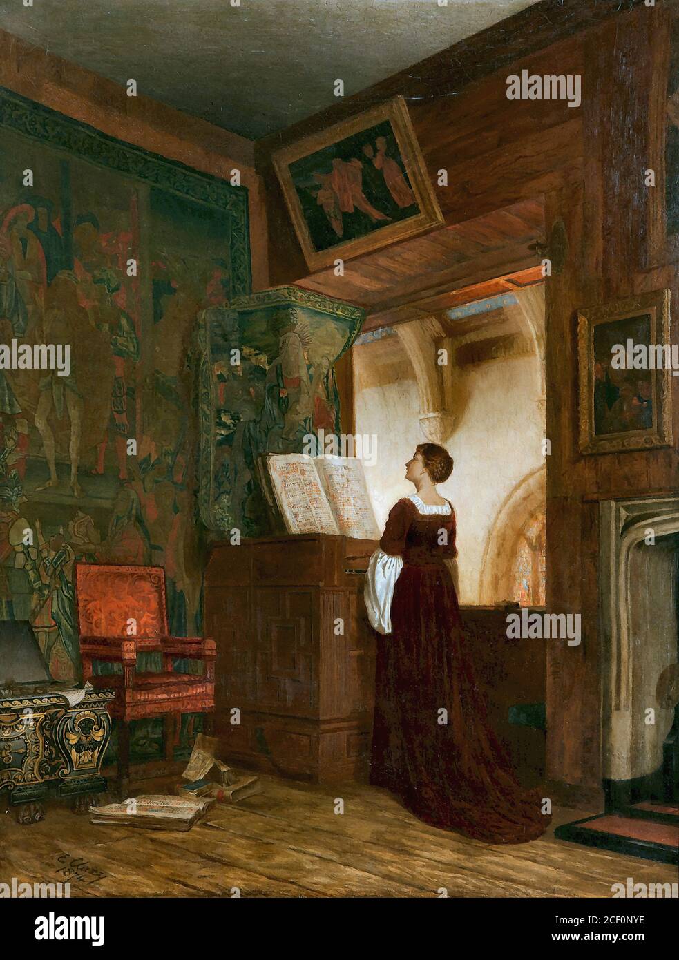Clacy Ellen - a Chapel Interior with an Elegant Lady Playing the ...