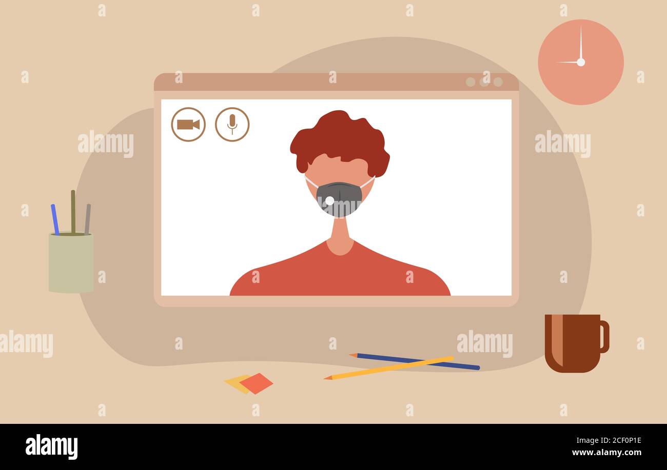 Young human character using a video call interface, remote online ...