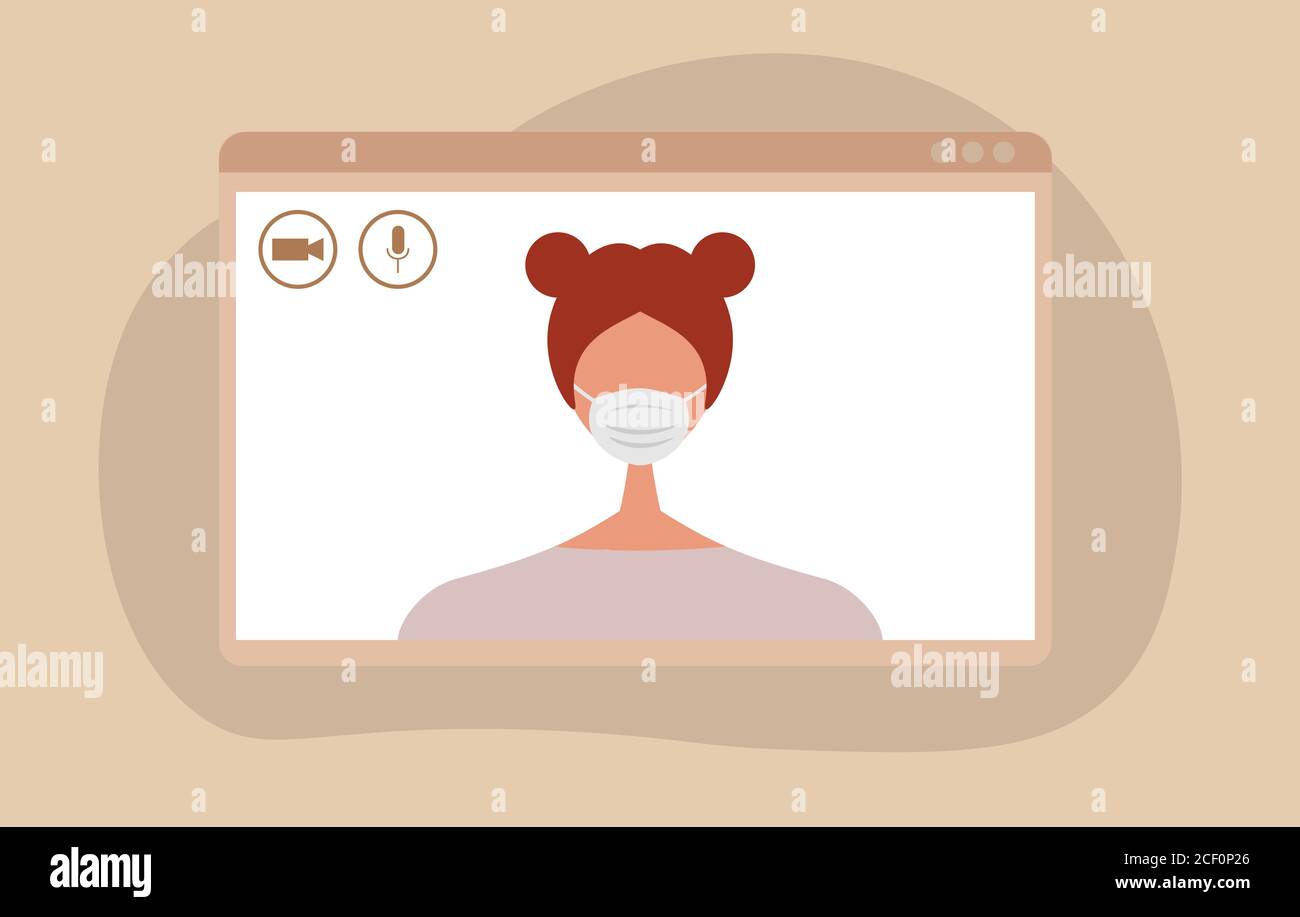 Young human character using a video call interface, remote online ...