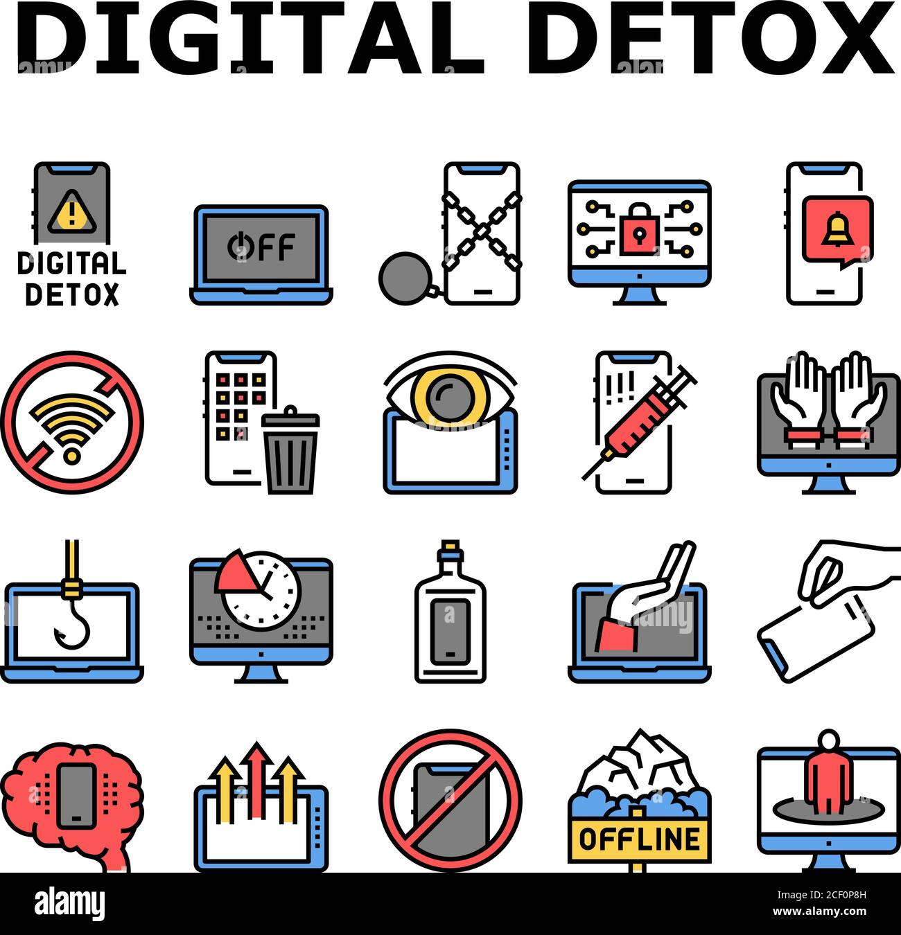 Digital Device Detox Collection Icons Set Vector Stock Vector Image ...
