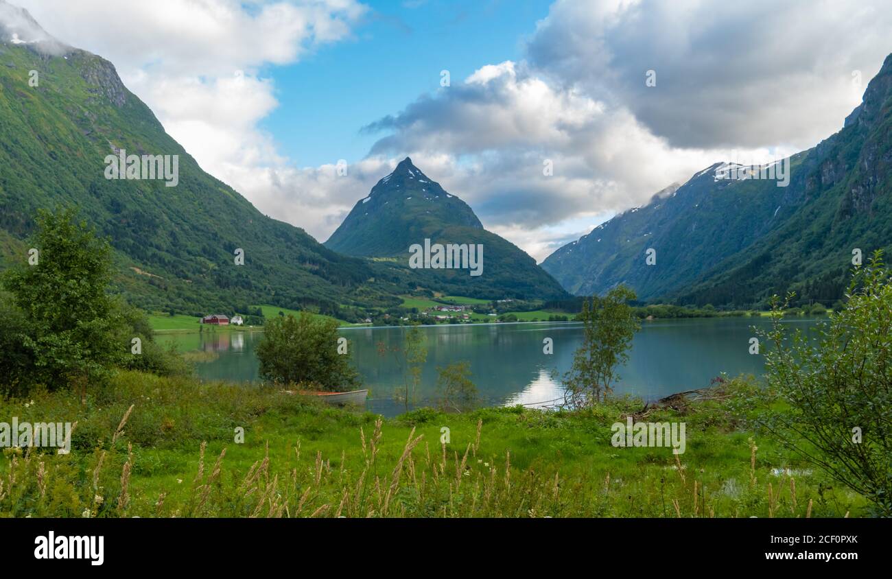 Gorgeous, mountain lake and fjord scenery along the Gaular River Valley ...