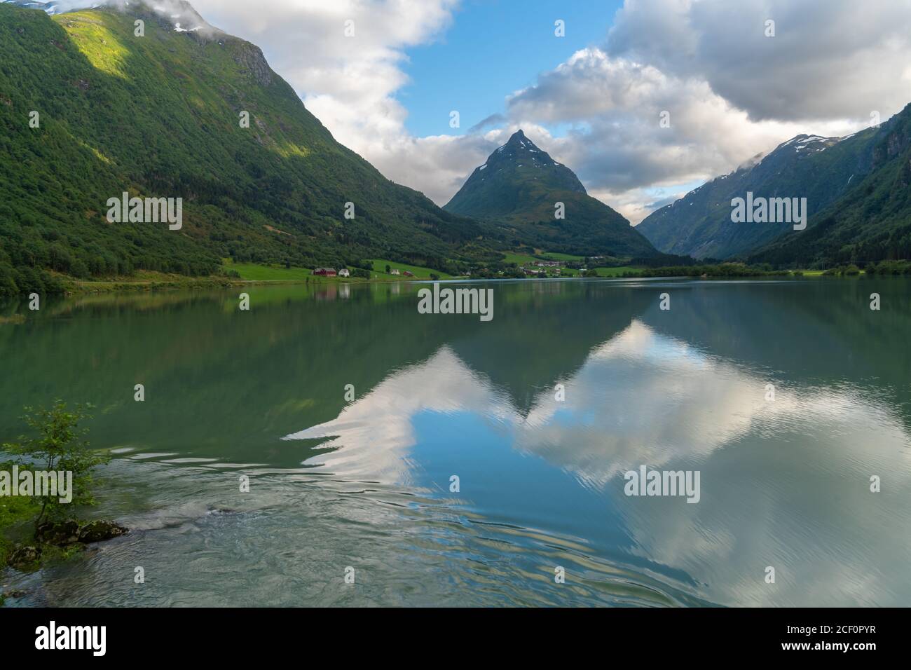 Gorgeous, mountain lake and fjord scenery along the Gaular River Valley ...