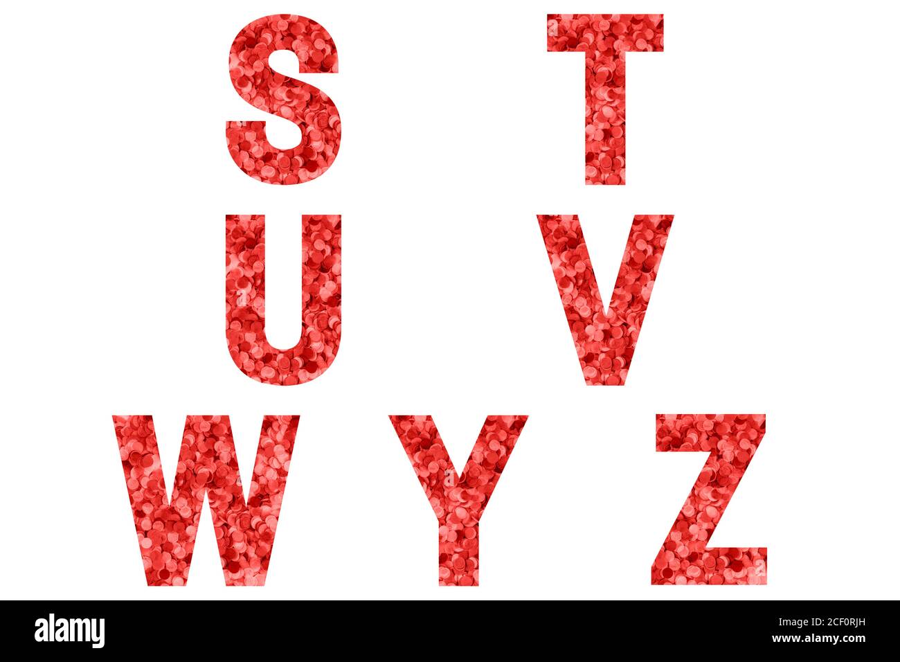 Confetti font Alphabet s, t, u, v, w, y, z made of red confetti ...