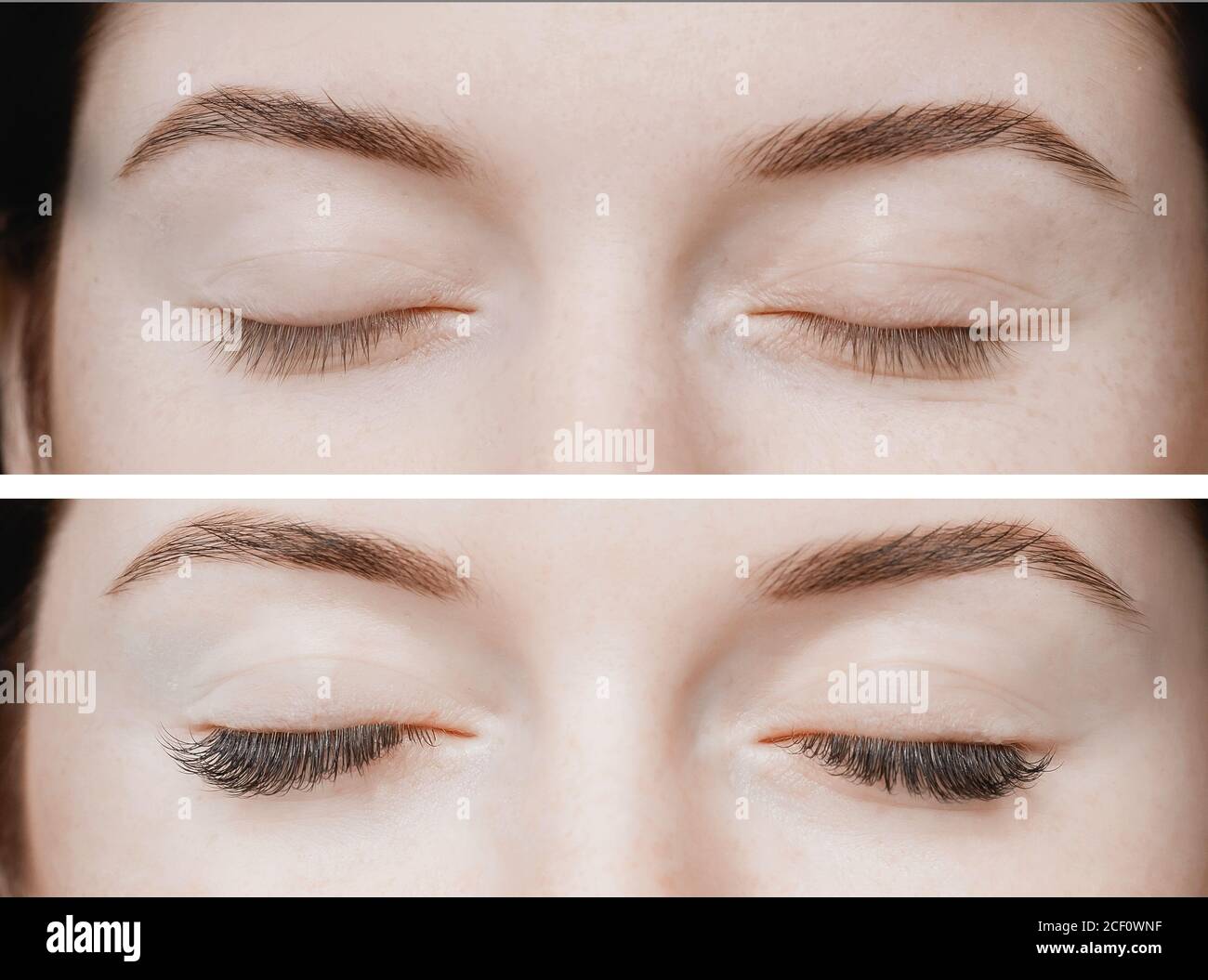 Before and after eyelash extension procedure. Beautiful and expressive ...