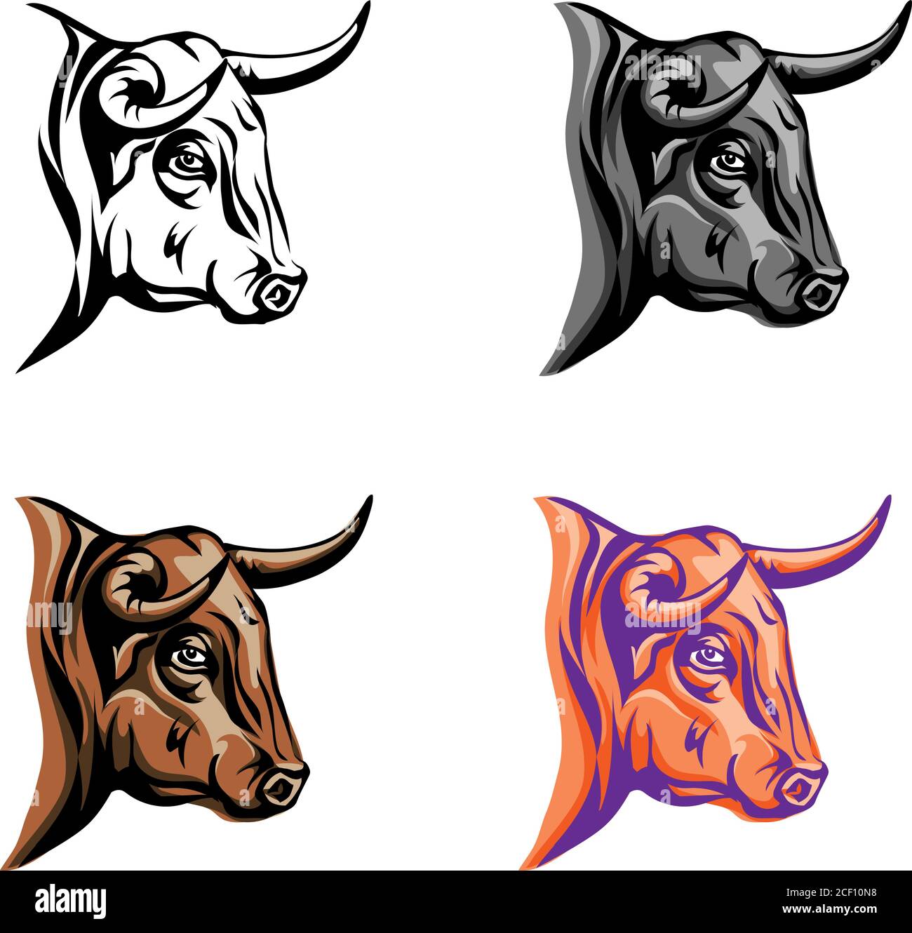 bull, portrait, head, color, vector, animal, illustration, icon ...